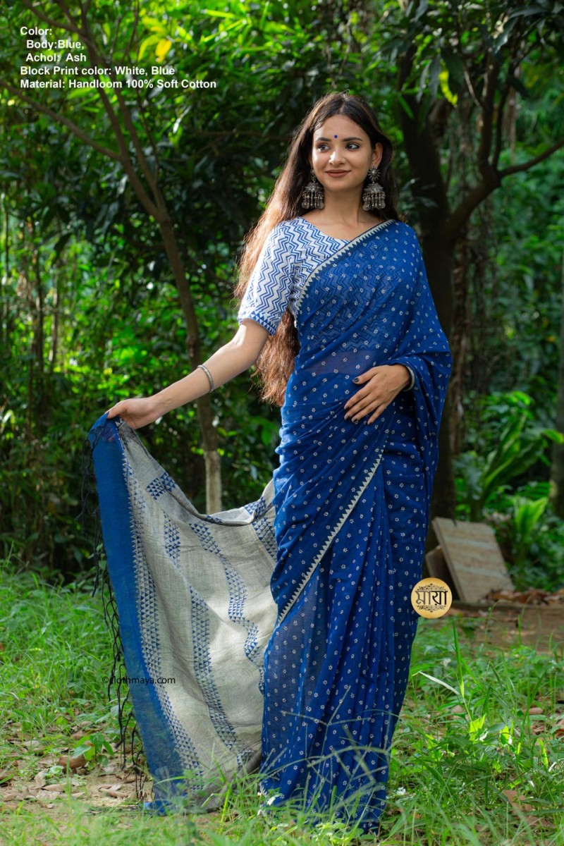 Handloom Soft Cotton Block Print Shari Code:00810 | clothmaya