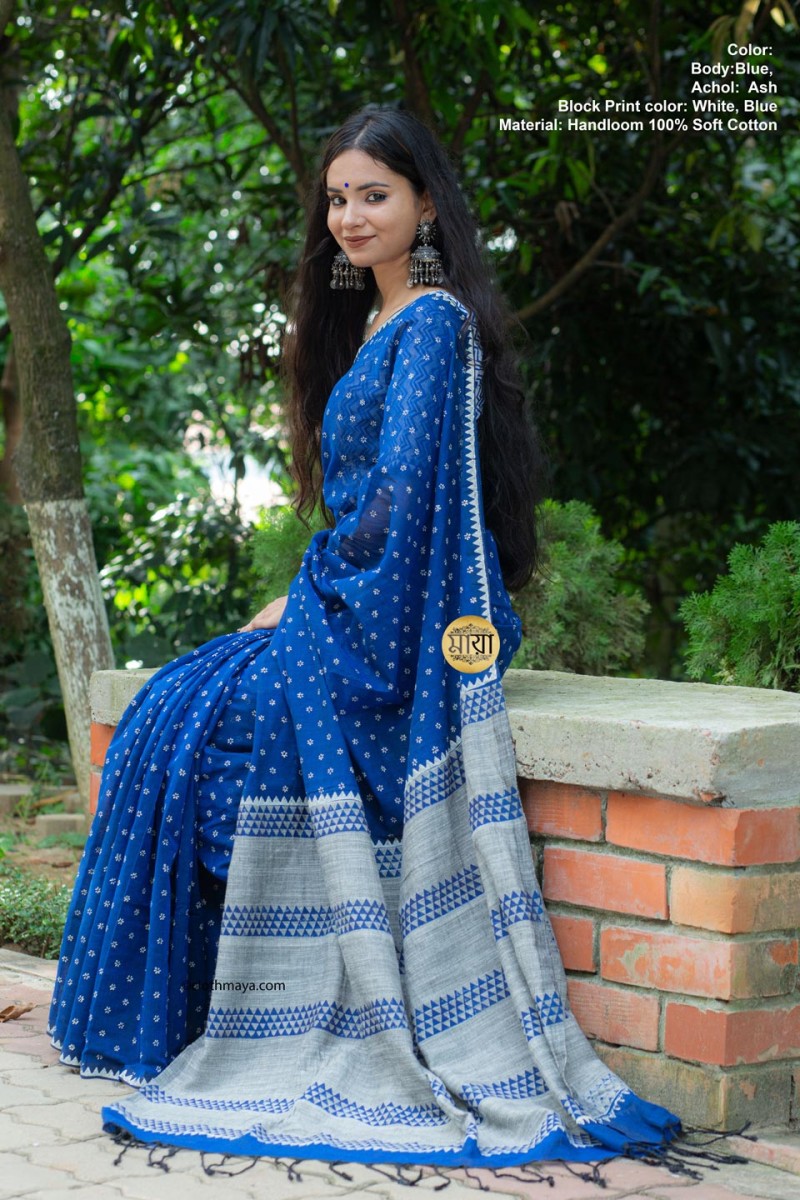 Handloom Soft Cotton Block Print Shari Code:00810 | clothmaya